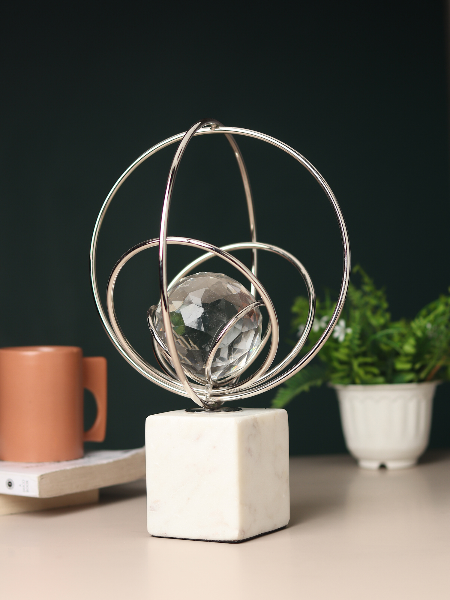 Elysian Silver Ring Crystal Ball Sculpture - De Maison Decor